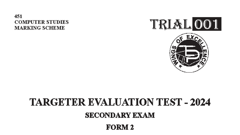 451 COMPUTER STUDIES TRIAL MARKING SCHEME 2024 - FORM 2 - Studocu