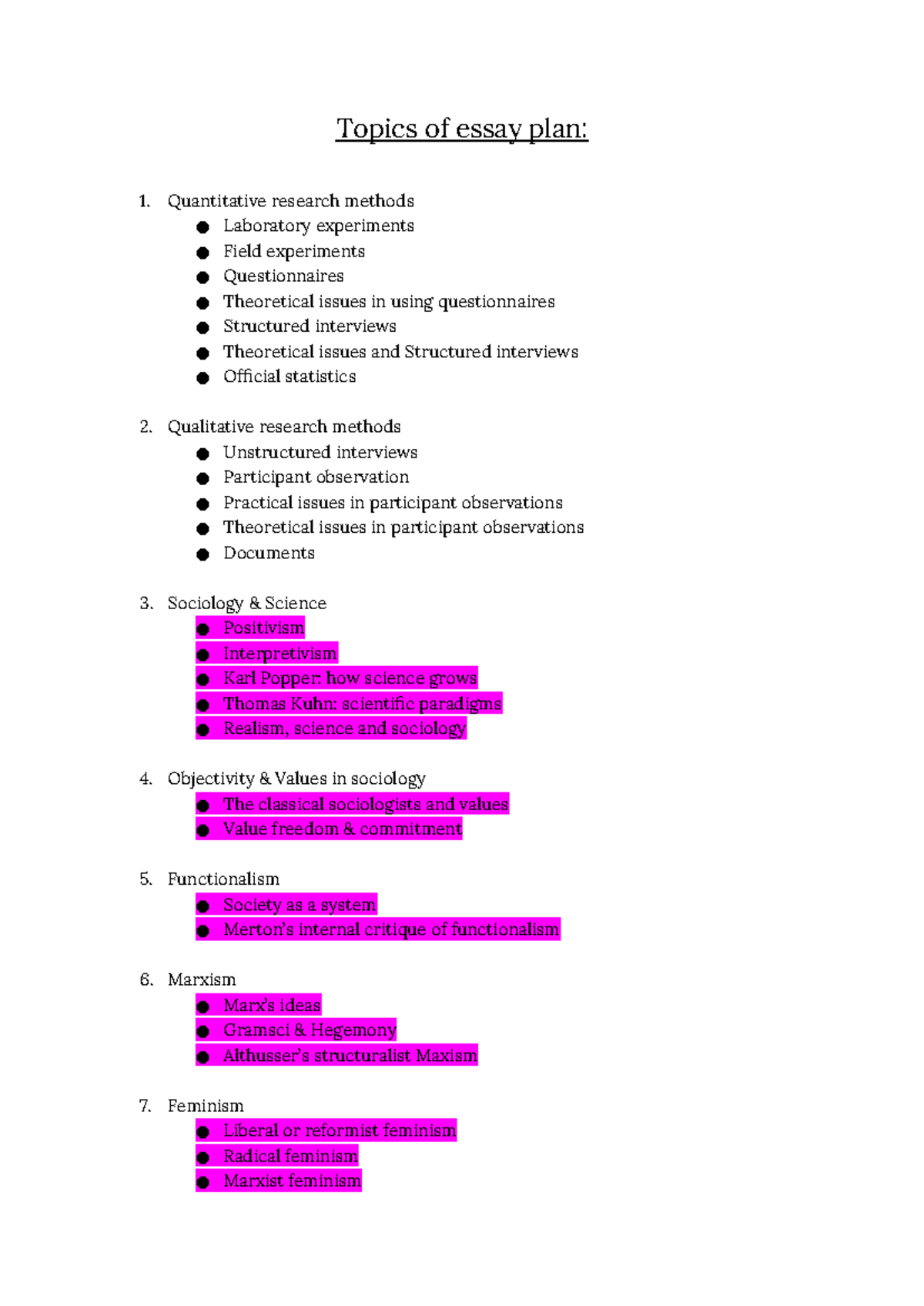 Sociology Essay Plans: Research Methods & Theoretical Issues - Studocu
