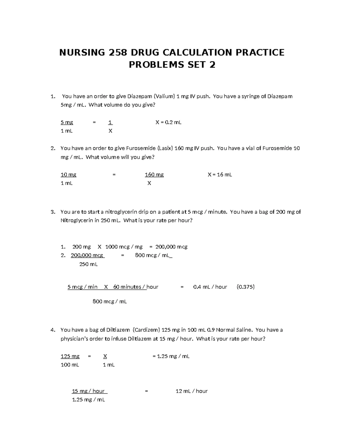 IV Drug Calculations Set 1: Practice Q's & Answers for Nursing Students - Studocu