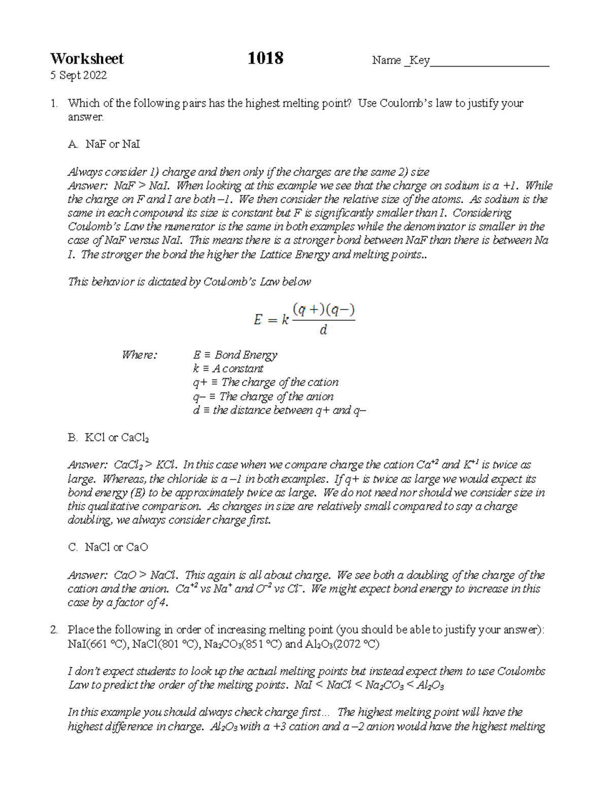 1018 Intermolecular Forces Worksheet Key - Fall 2022 - Studocu