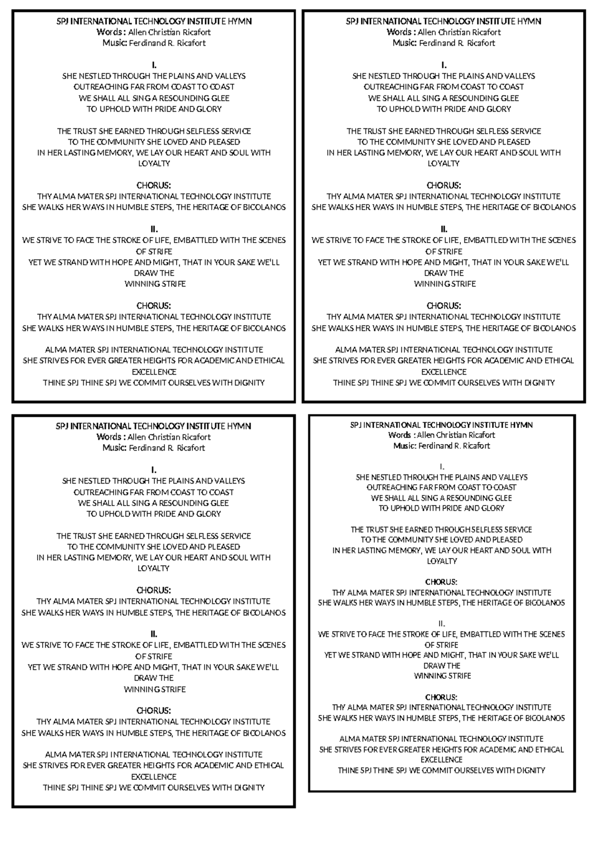 SPJ INTERNATIONAL TECHNOLOGY INSTITUTE HYMN Lyrics & Music - Studocu