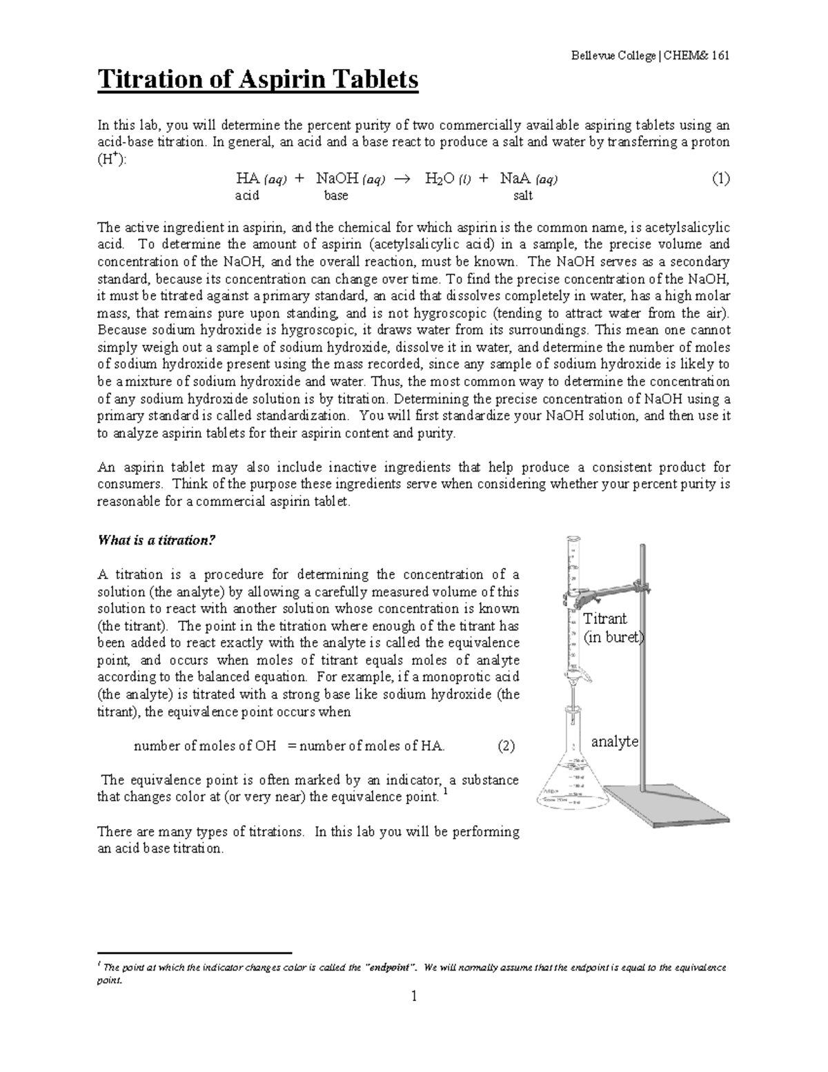 Bellevue College 161 Lab Report: Titration of Aspirin Tablets - Studocu