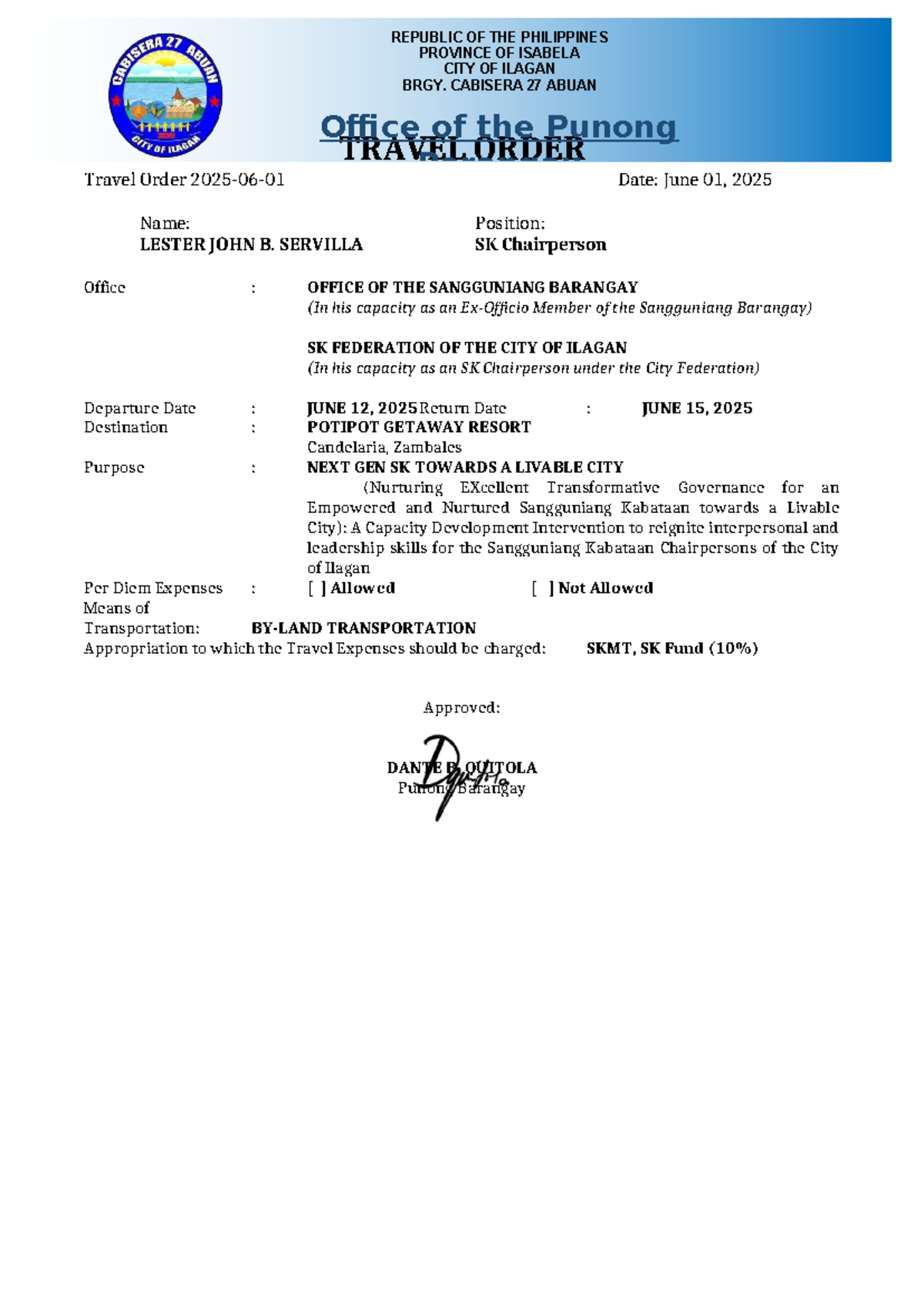 Travel Order for SK Chairperson - Ilagan City (June 2025) - Studocu