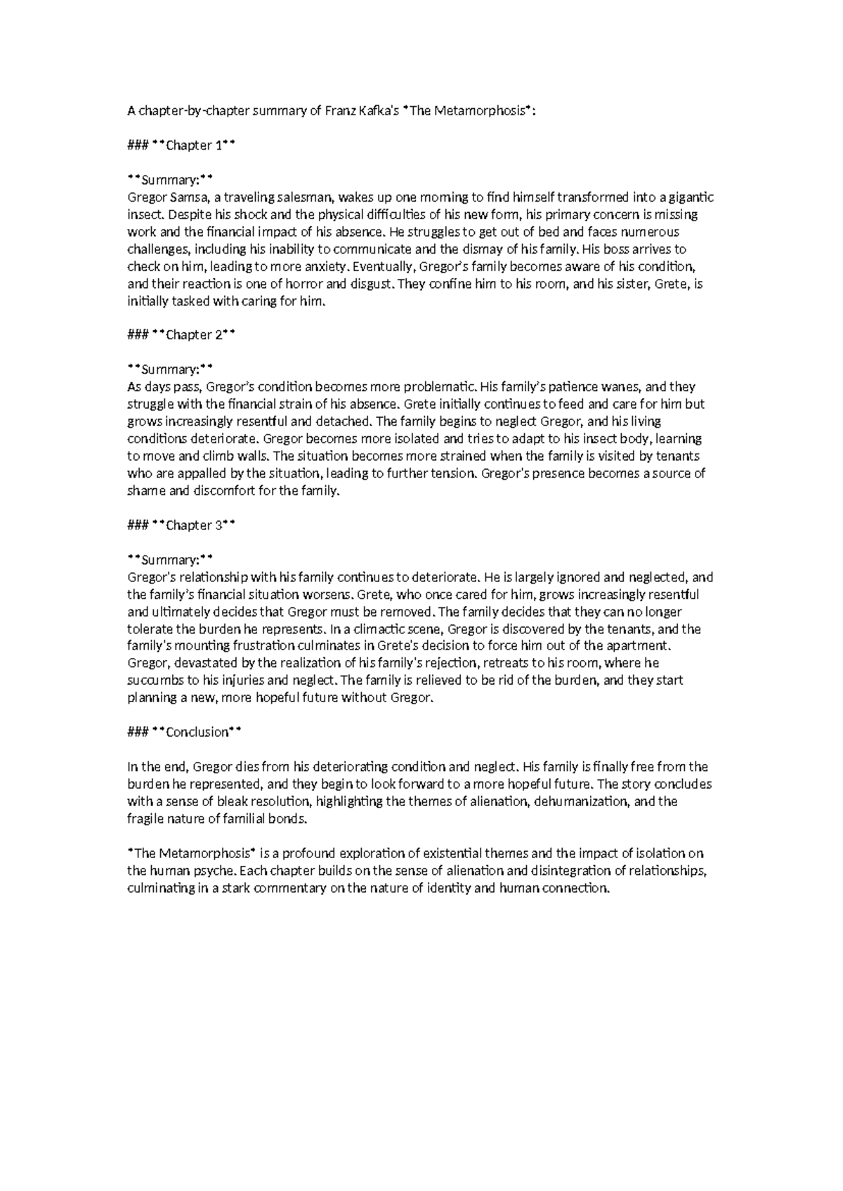 The Metamorphosis (Ch. 1-3) Summary and Analysis - Studocu