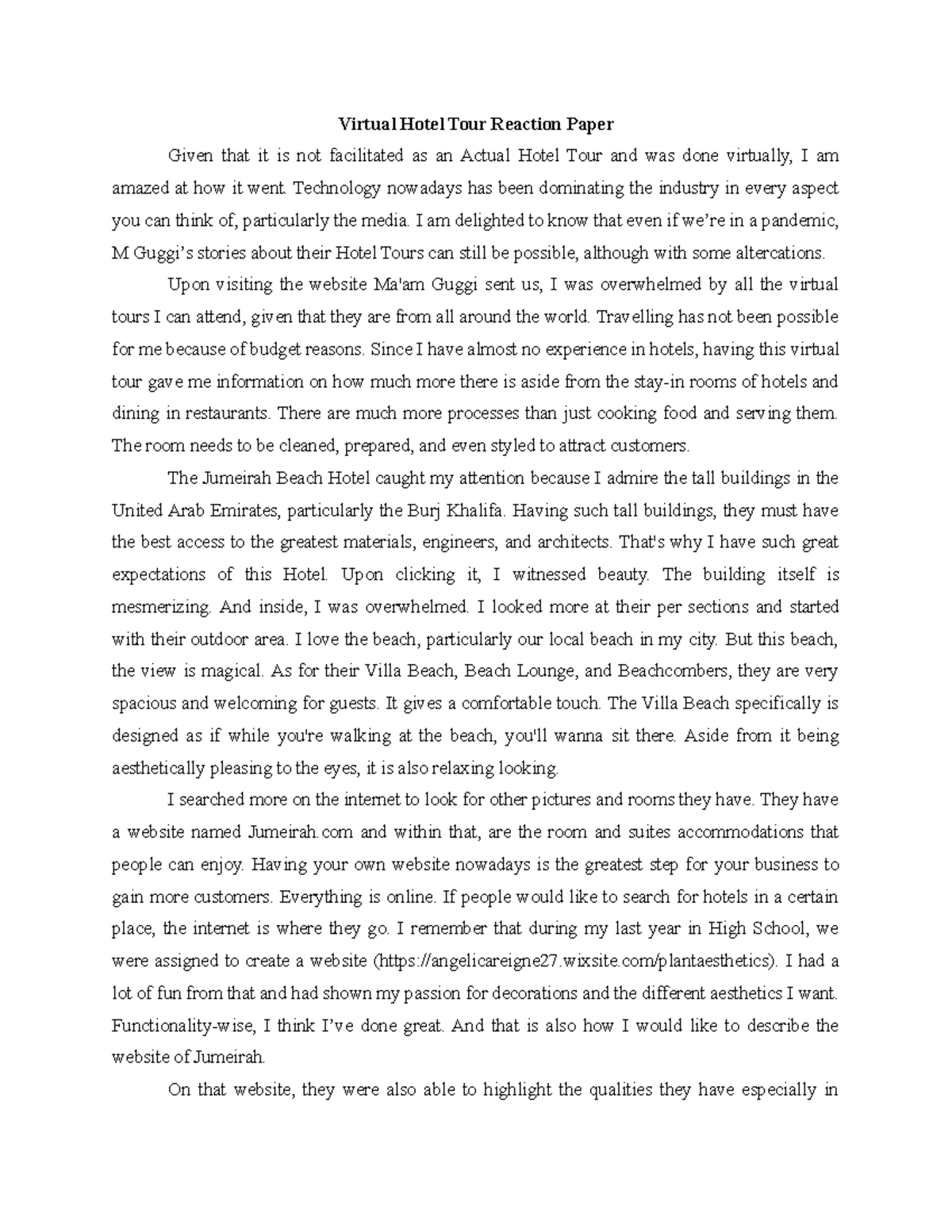 Virtual Hotel Tour Reaction Paper - Technology nowadays has been ...