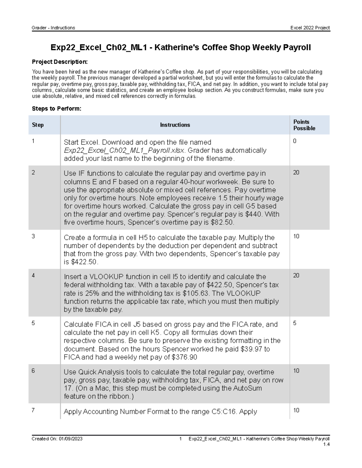 Exp22 Excel Ch02 ML1 - Katherine's Coffee Shop Payroll Guide - Studocu