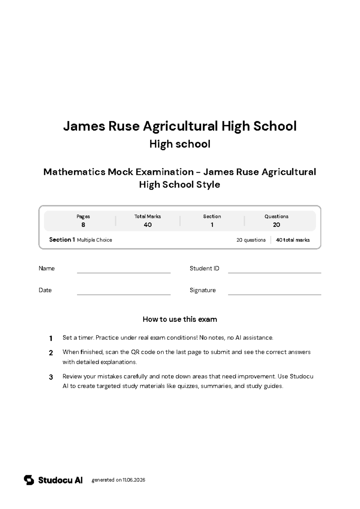 Mathematics Mock Exam - James Ruse Agricultural High School - Studocu