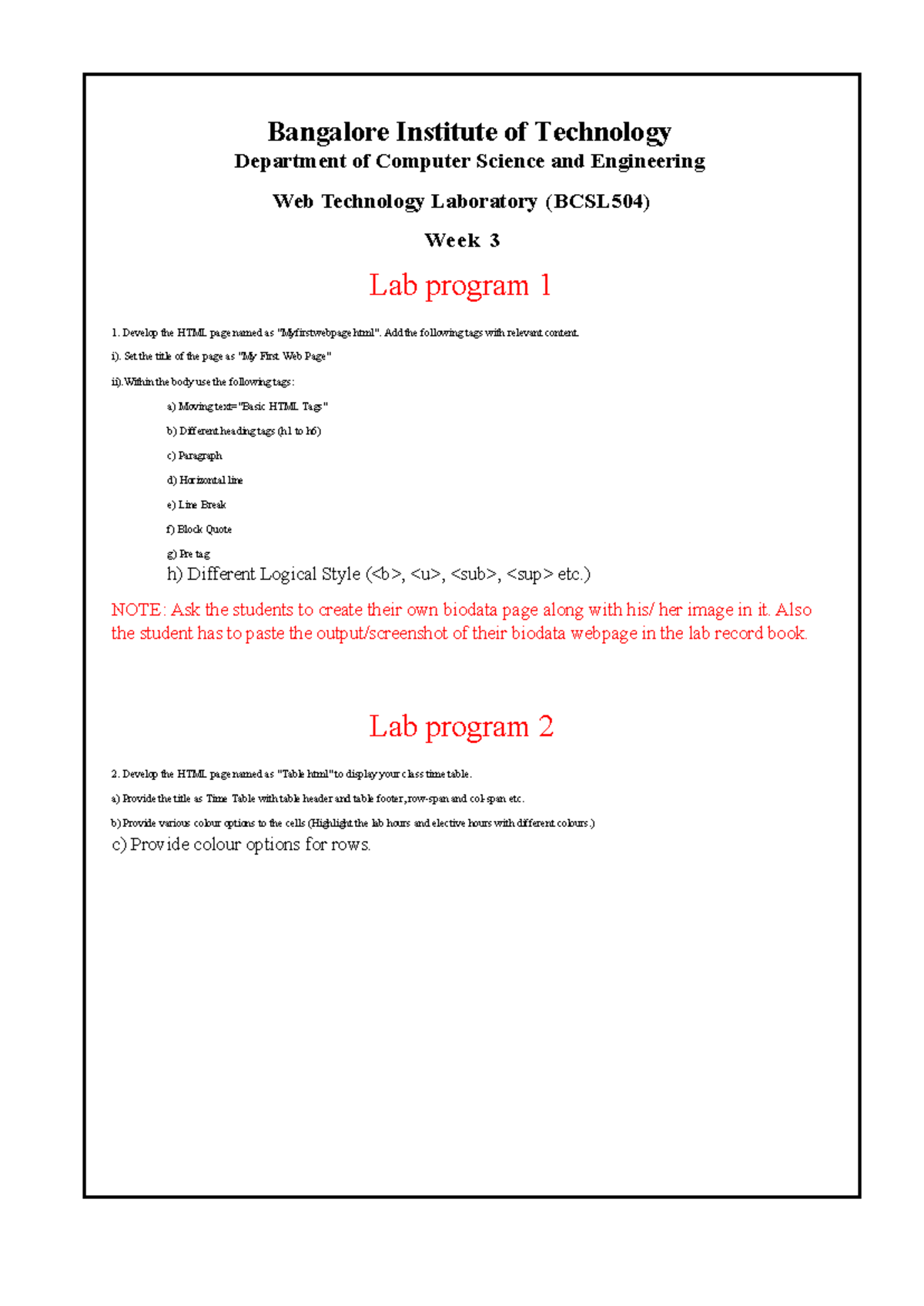 WEB Lab Program 1 & 2 - BCSL504: HTML Page Development - Studocu