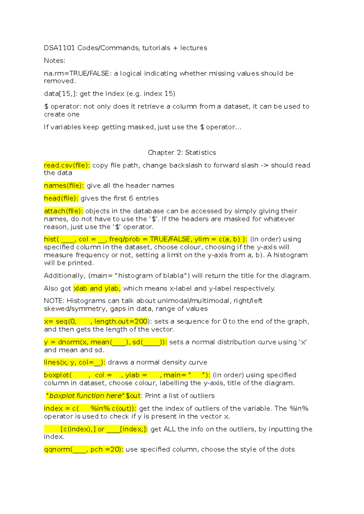 DSA1101 Essential Codes and Commands: Tutorials and Lecture Notes - Studocu