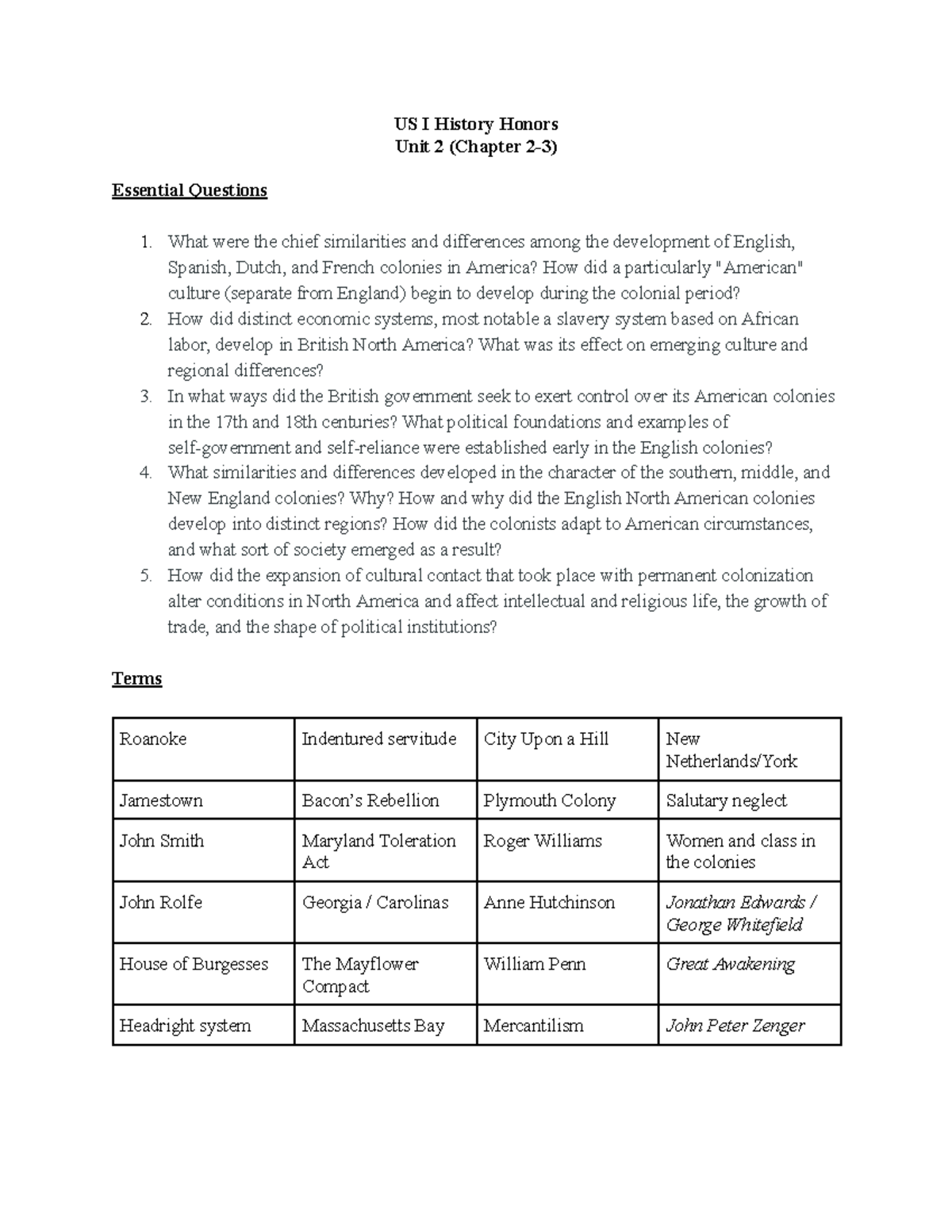 US I History Honors Study Guide: Chapters 2 & 3 Key Concepts - Studocu
