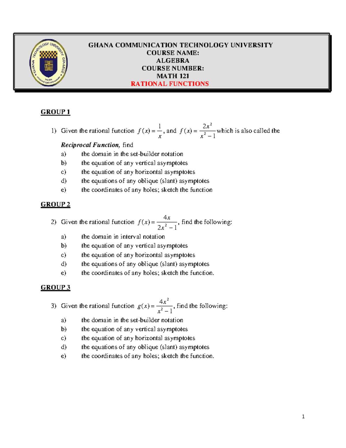 Quiz on Rational Functions for MATH 121 at Ghana Communication Tech ...