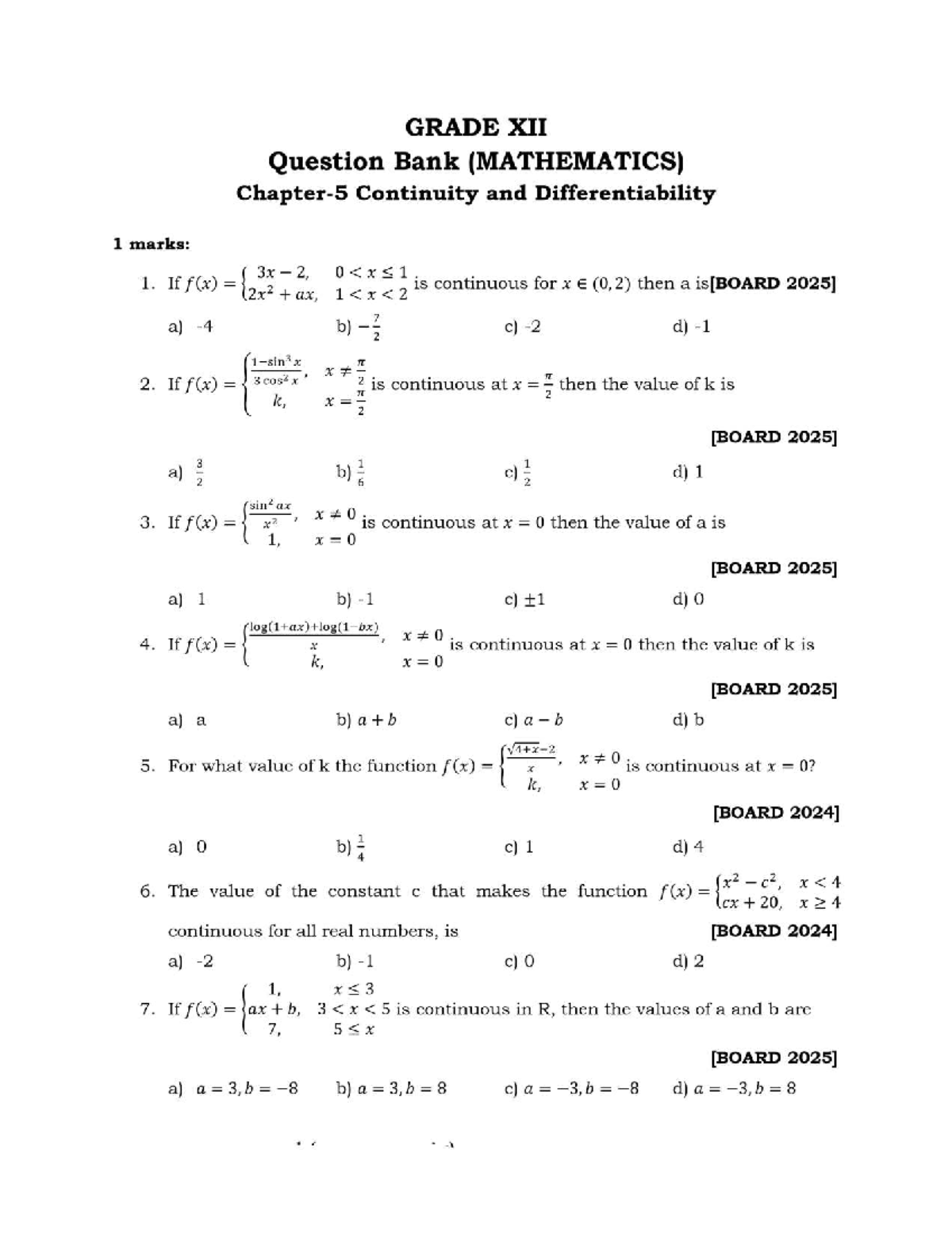 GRADE XII Question Bank (MATHEMATICS): Continuity & Differentiability ...