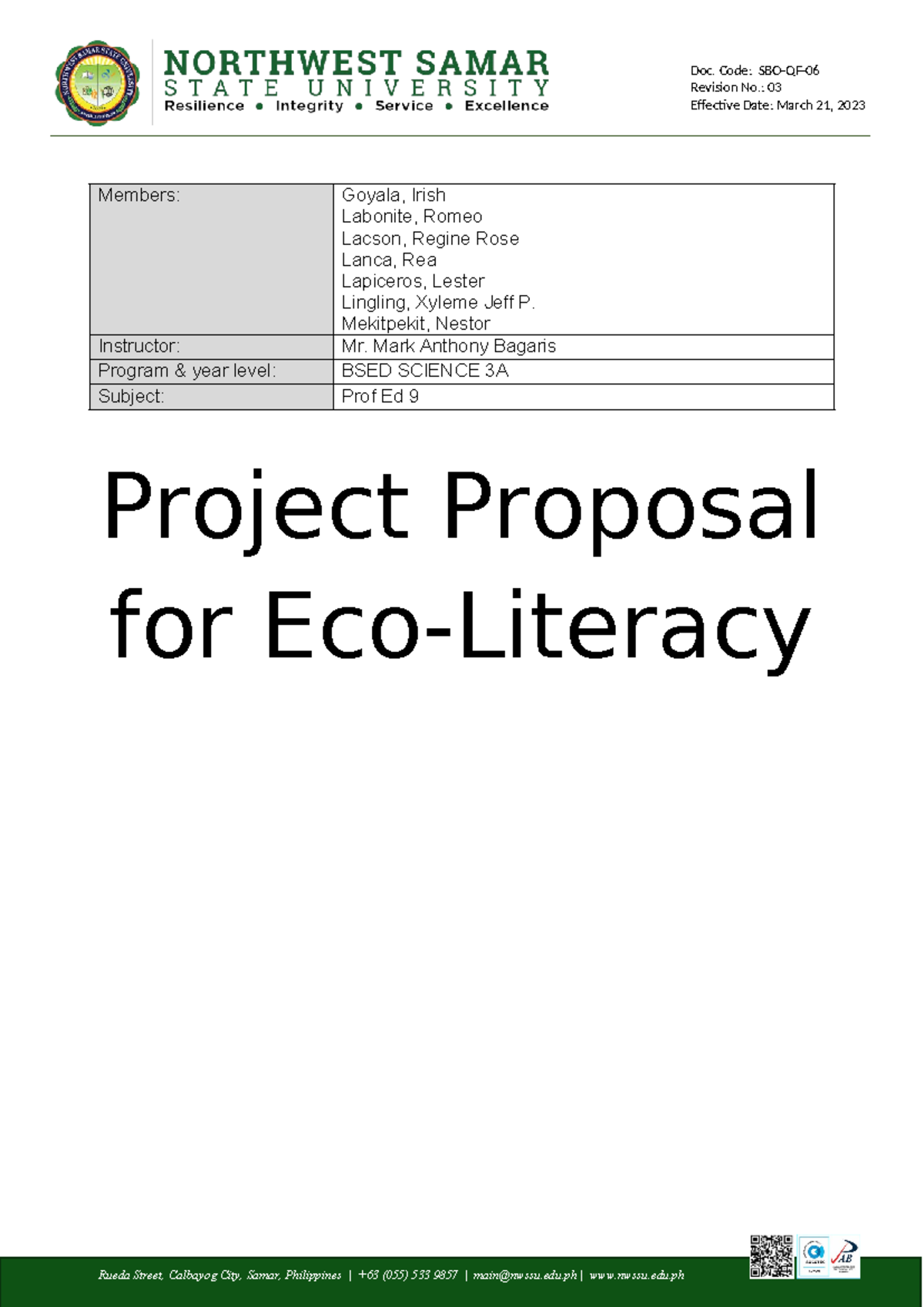 BSED SCIENCE 3A - Project Proposal for Eco-Literacy: Plastic-Free ...