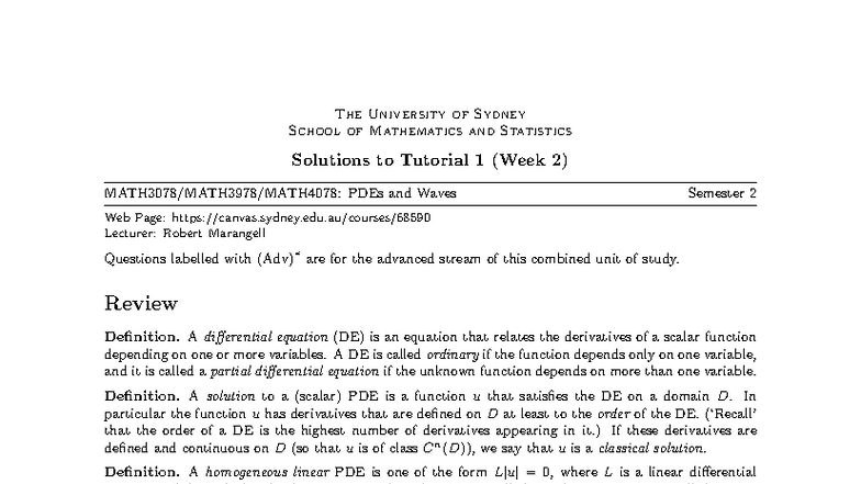 Tutorial 1 Solutions for PDEs and Waves (MATH1012) - Semester 2 - Studocu