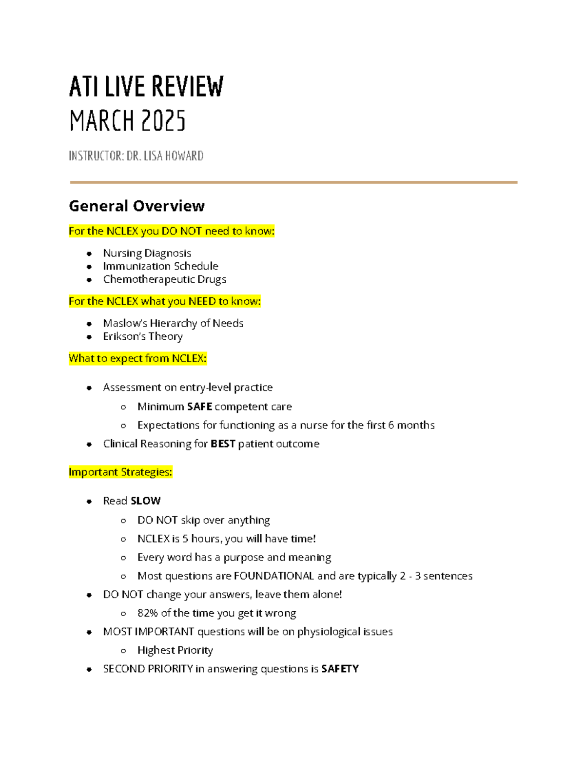 ATI NCLEX Live Review Notes - March 2025 by Dr. Lisa Howard - Studocu