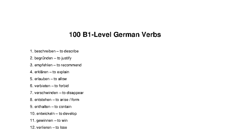 B1 German Verbs: 100 Essential Verbs for Language Learners - Studocu