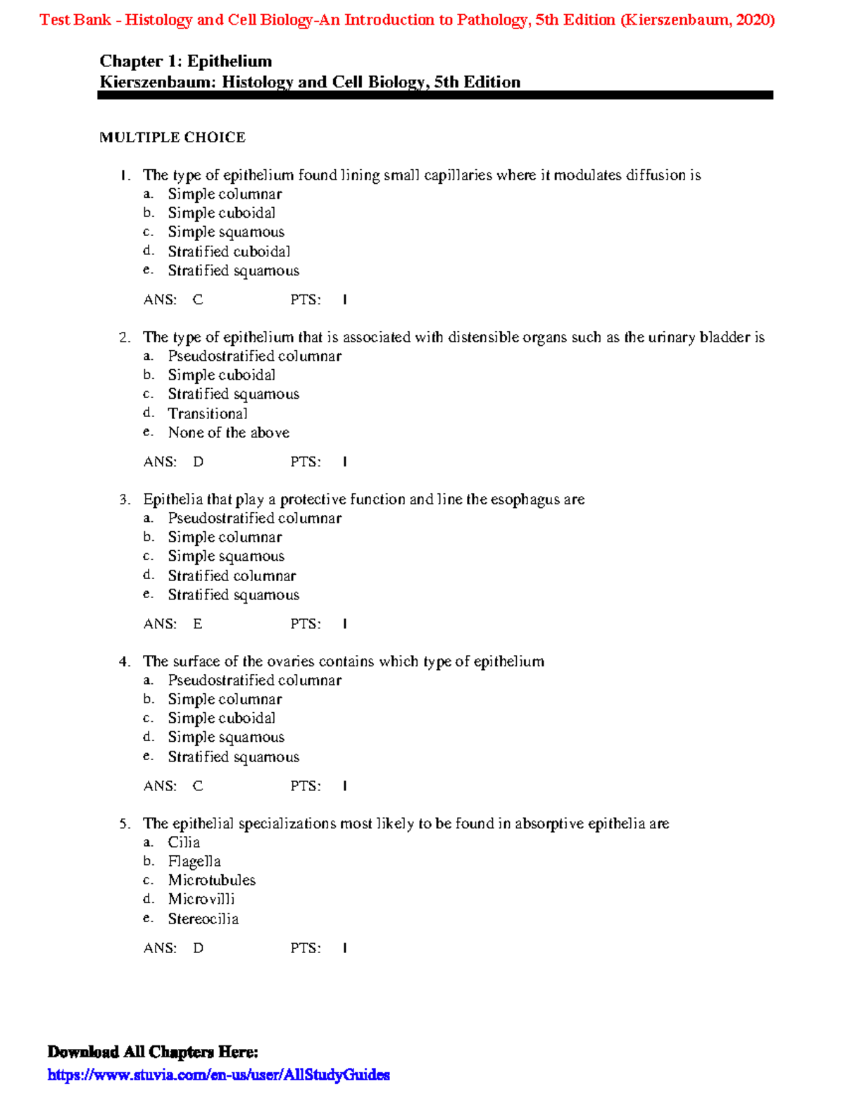 Test Bank: Histology & Cell Biology - Intro to Pathology (Kierszenbaum ...