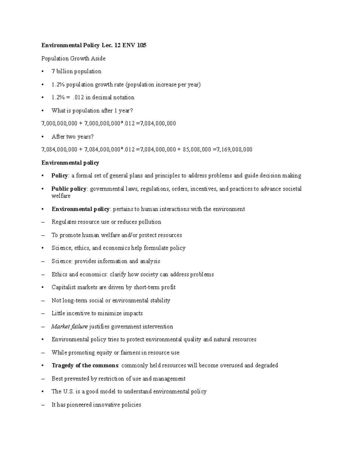 ENV 105 Environmental Policy Lecture Notes: Population Growth and ...