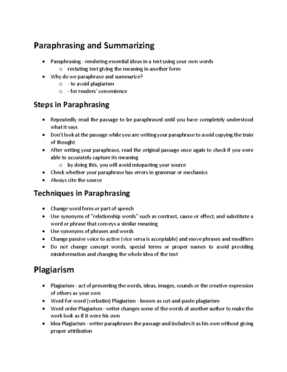 Study Guide on Paraphrasing and Summarizing Techniques - Studocu