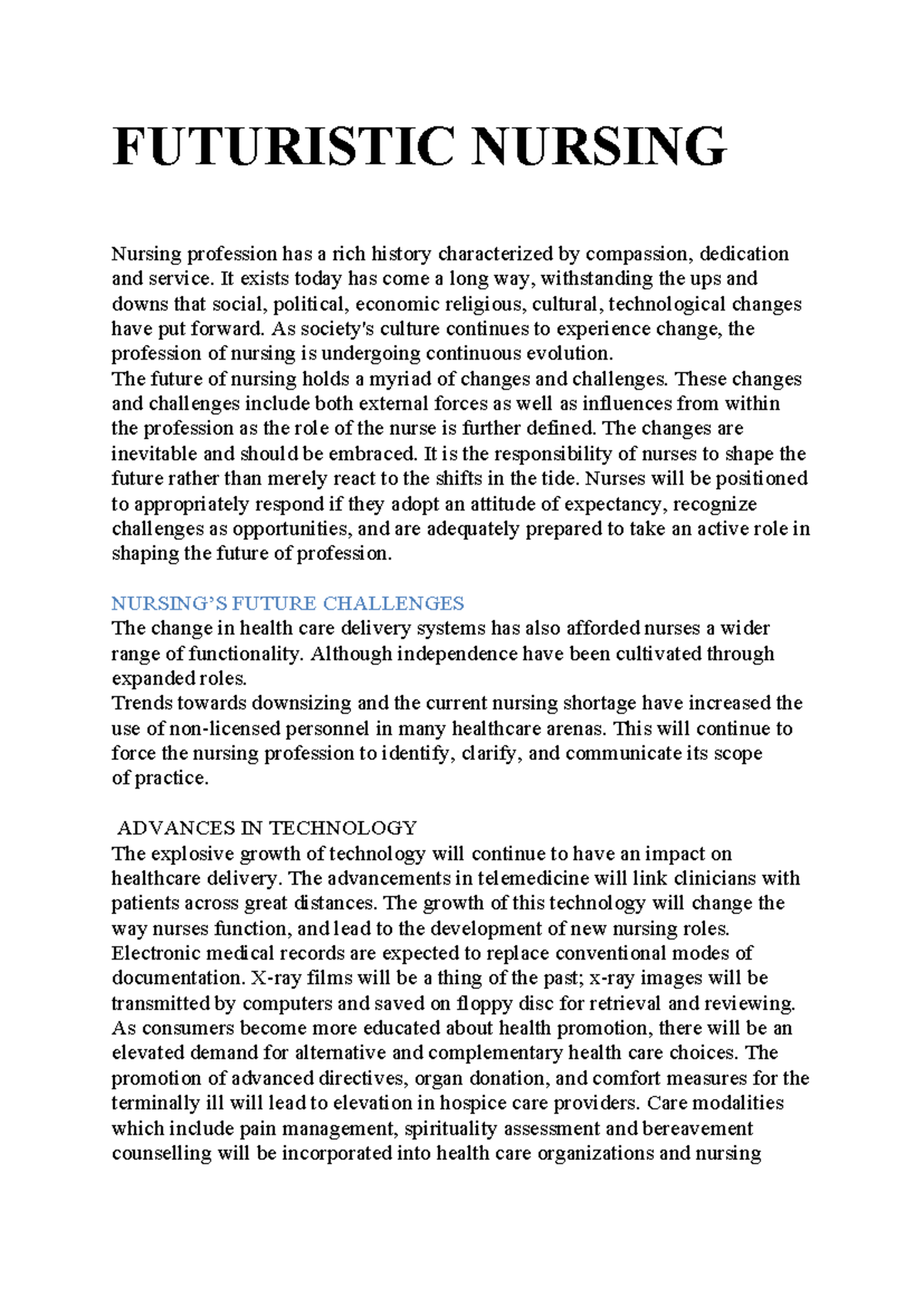 Futuristic Nursing: Challenges and Opportunities - LECTURE NOTES - Studocu