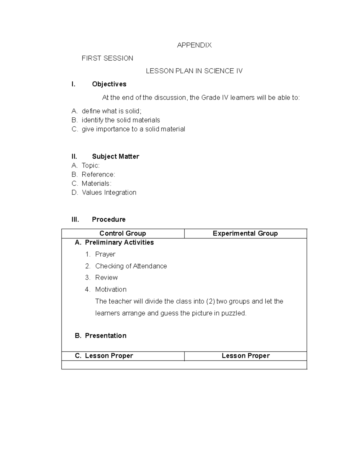 LP - lesson plan - APPENDIX FIRST SESSION LESSON PLAN IN SCIENCE IV I ...