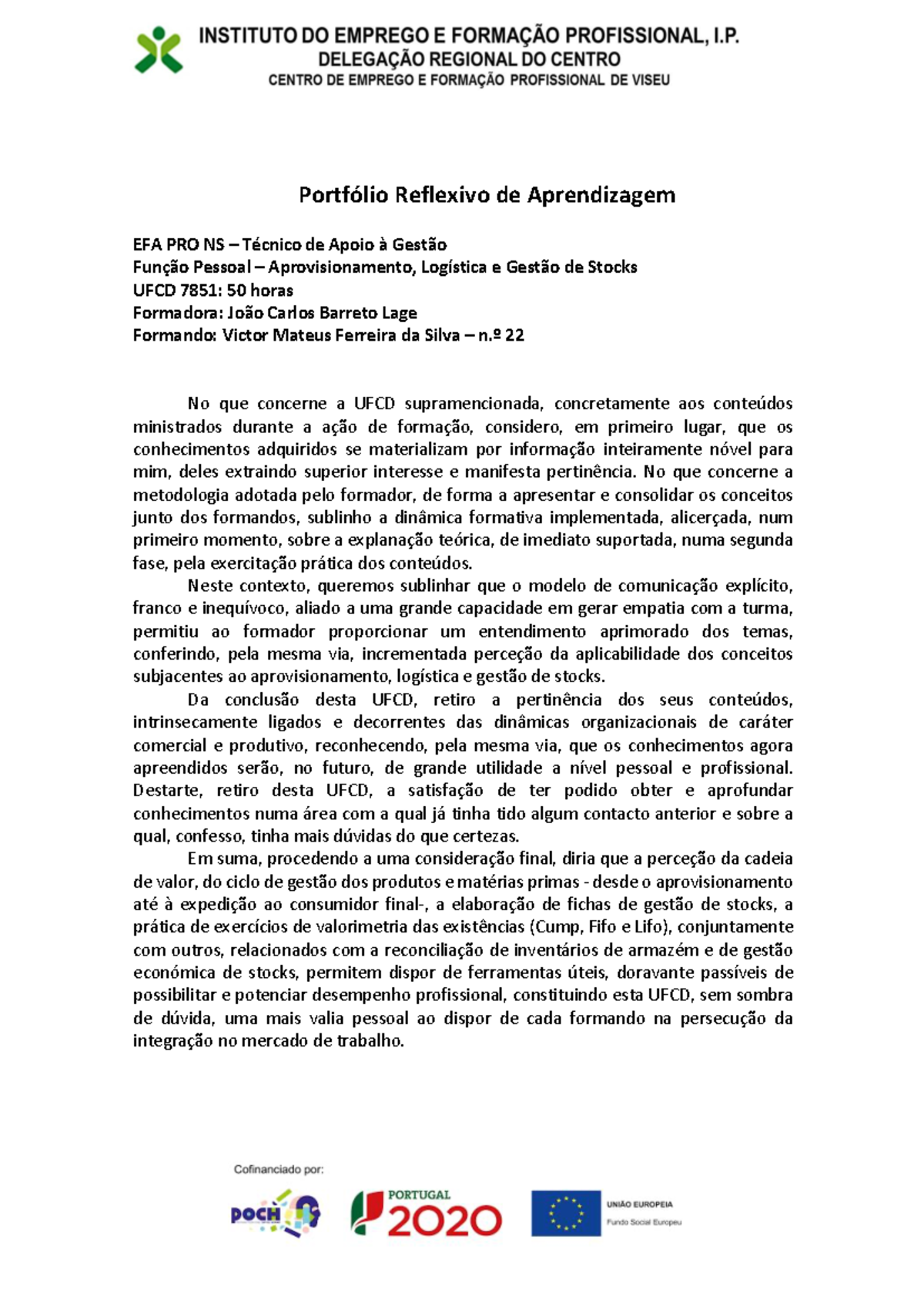 Reflexive Learning Portfolio for EFA PRO NS - UFCD 7851 - IEFP - Studocu