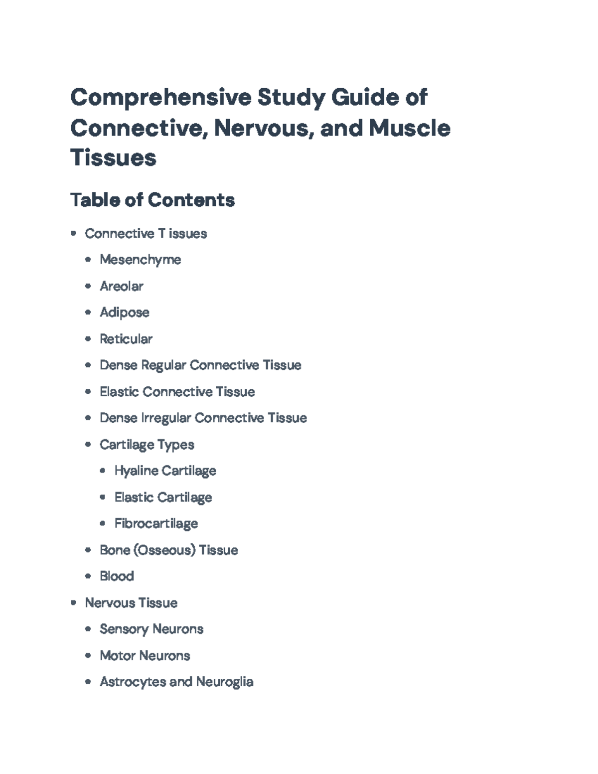 Comprehensive Study Guide on Connective, Nervous, and Muscle Tissues ...
