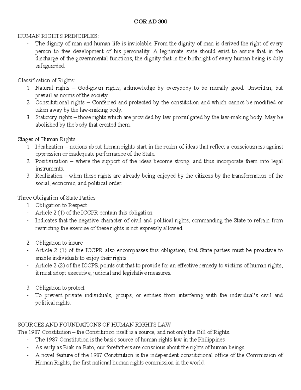 COR AD 300 - Human Rights Principles & Custodial Investigation Notes ...