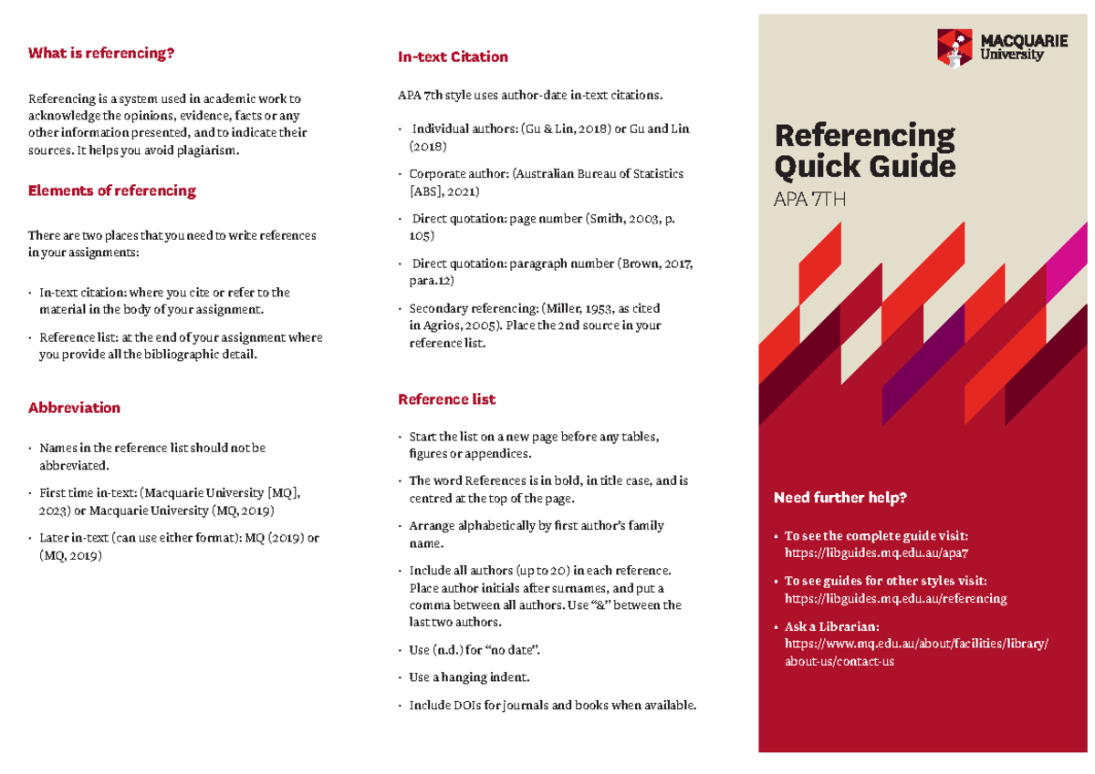 APA referencing - APA - Referencing Quick Guide APA 7TH Need further ...