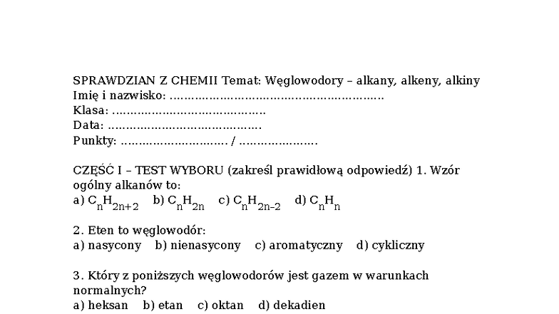 SPRAWDZIAN Z CHEMII: Węglowodory - Alkan, Alken, Alkin - Studocu