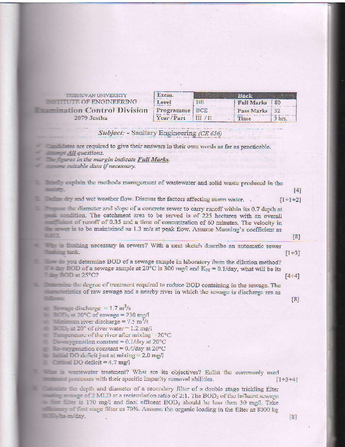 IOE CE 656: Old Questions on Sanitary Engineering Concepts - Studocu