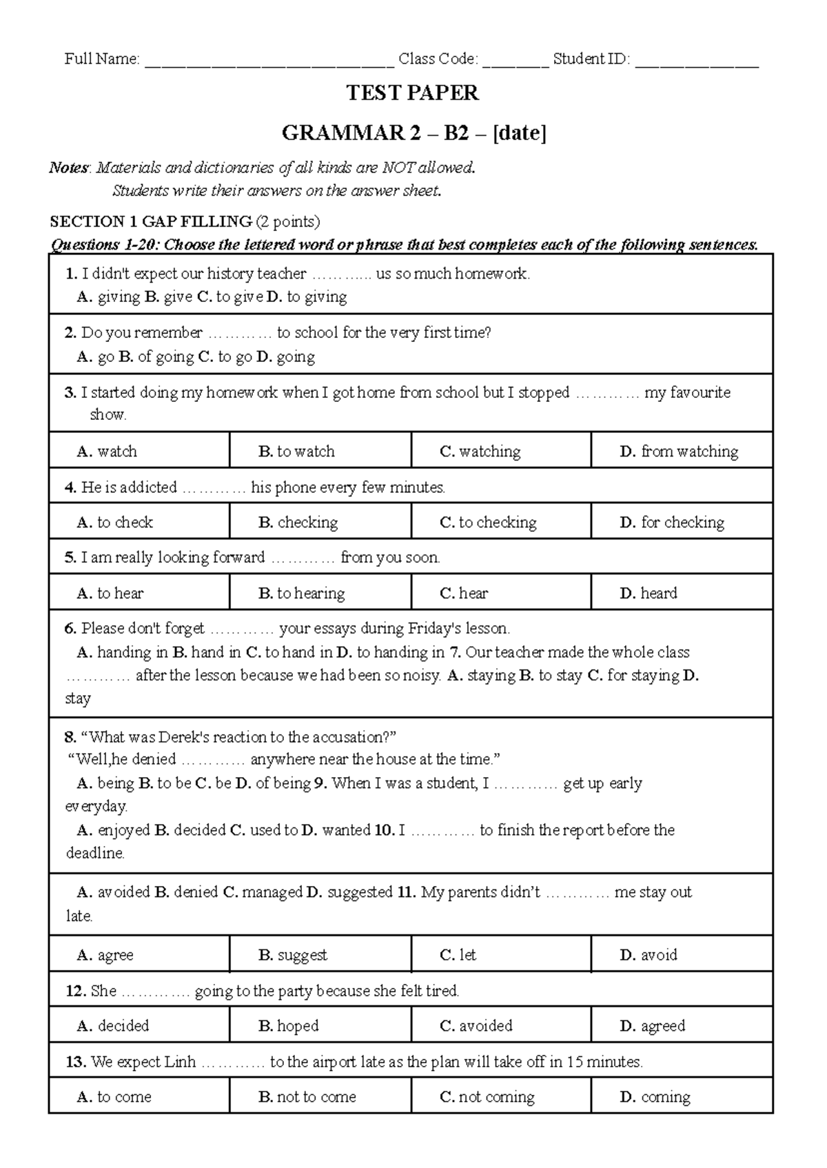 Grammar Test Paper B2: Gerunds & Infinitives Notes - Studocu