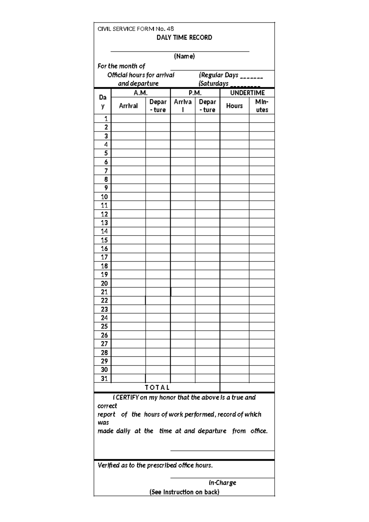 Civil Service CSF Form No. 48 - Daily Time Record Template - Studocu