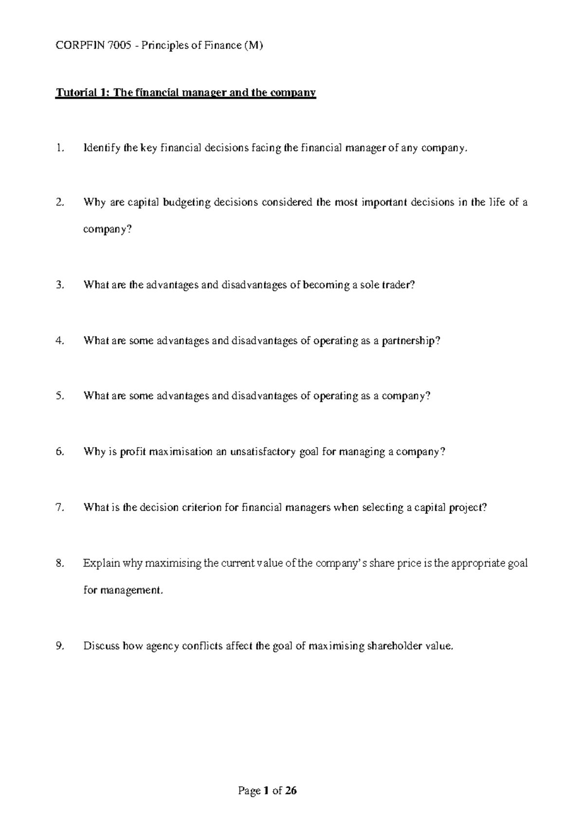 Tutorial Questions 1-10 students - S2 2021 - CORPFIN 7005 - Adelaide ...