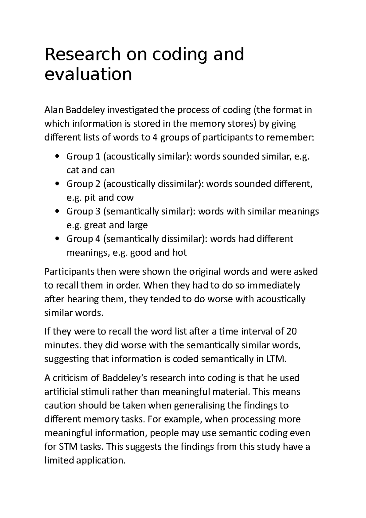 Memory Revision Notes: Key Research on Coding, Capacity, and Duration ...