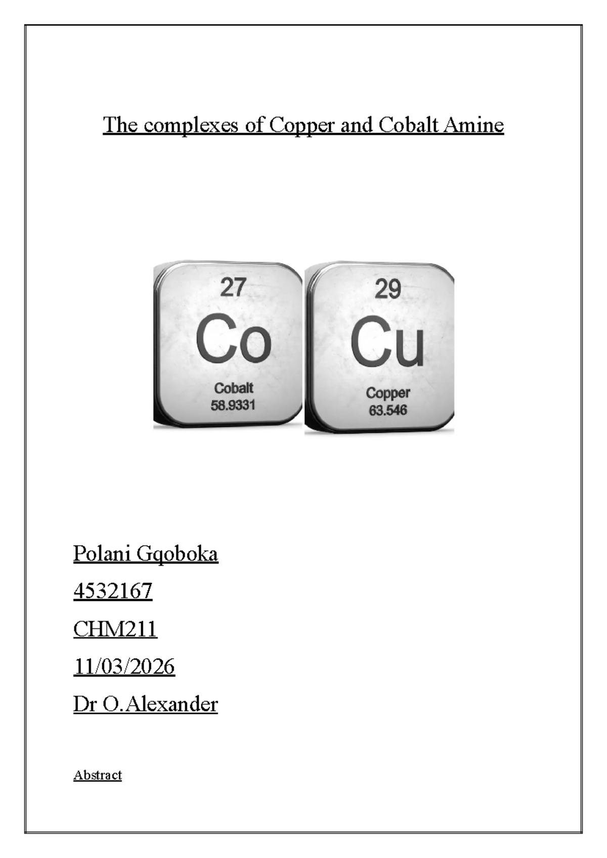 CHM211 Final Exam: Copper and Cobalt Amine Complexes Analysis - Studocu