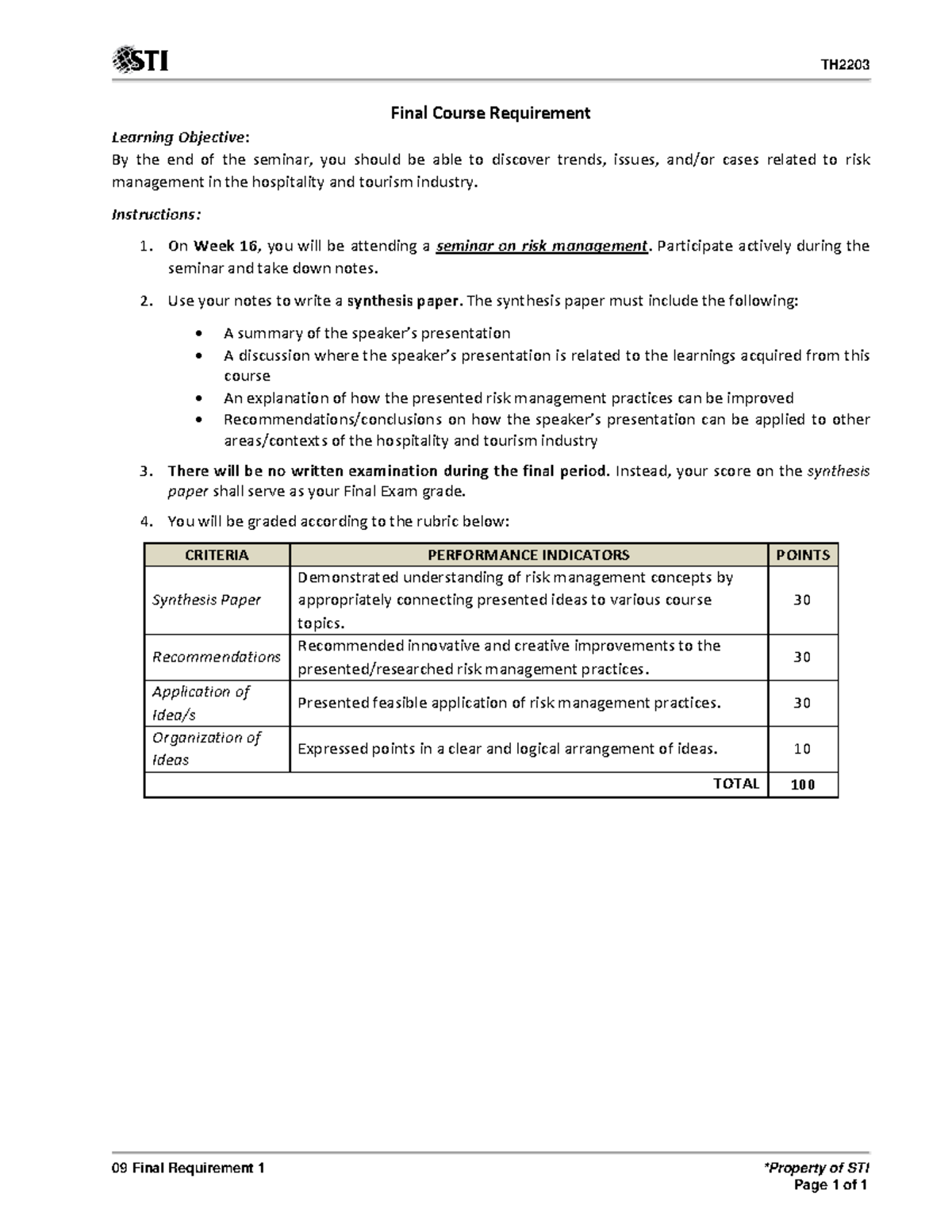 Risk-final-output - task performance - TH 09 Final Requirement 1 *Property of STI Page 1 of 1 ...