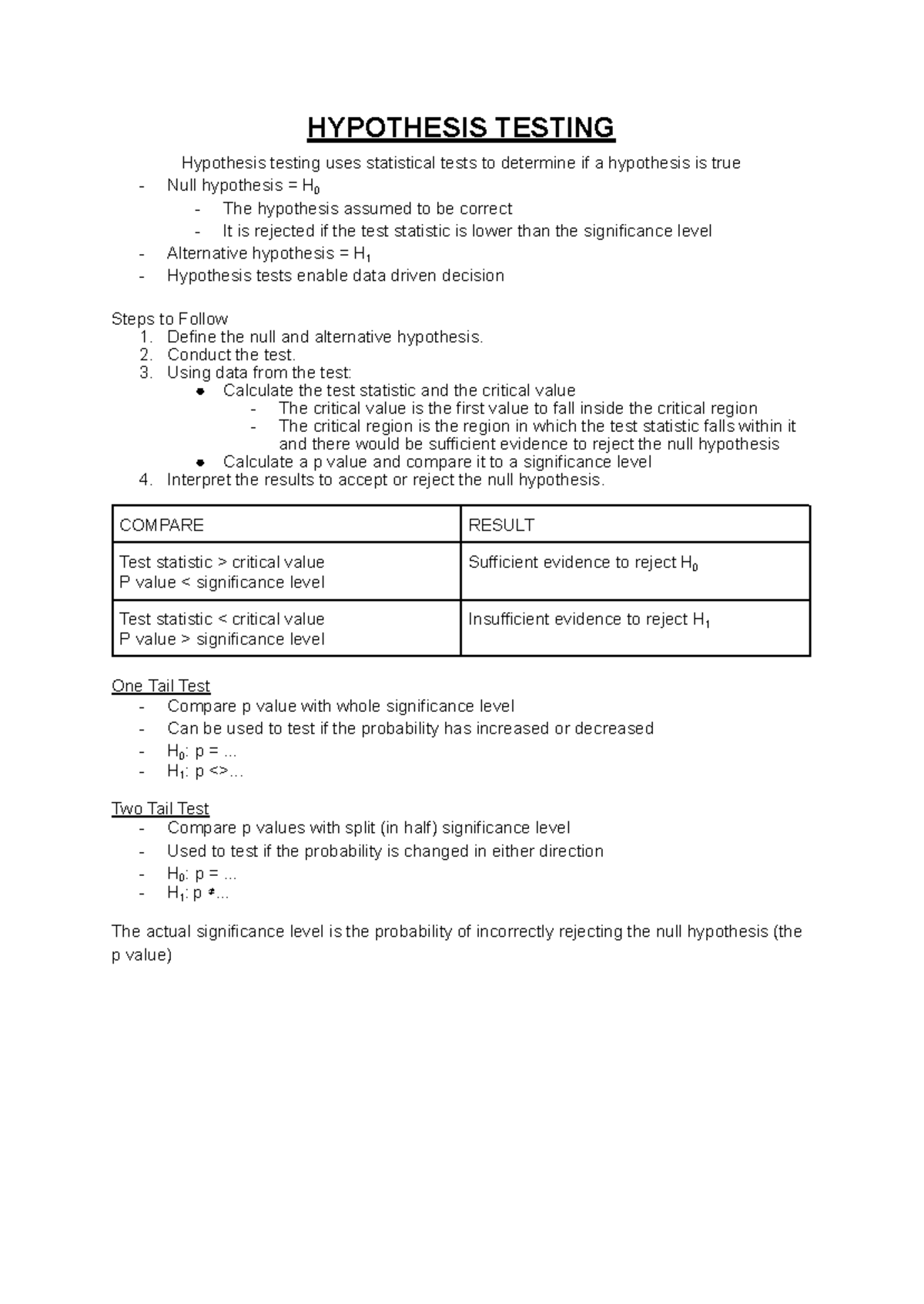Hypothesis testing cheat sheet for statistical analysis - Studocu