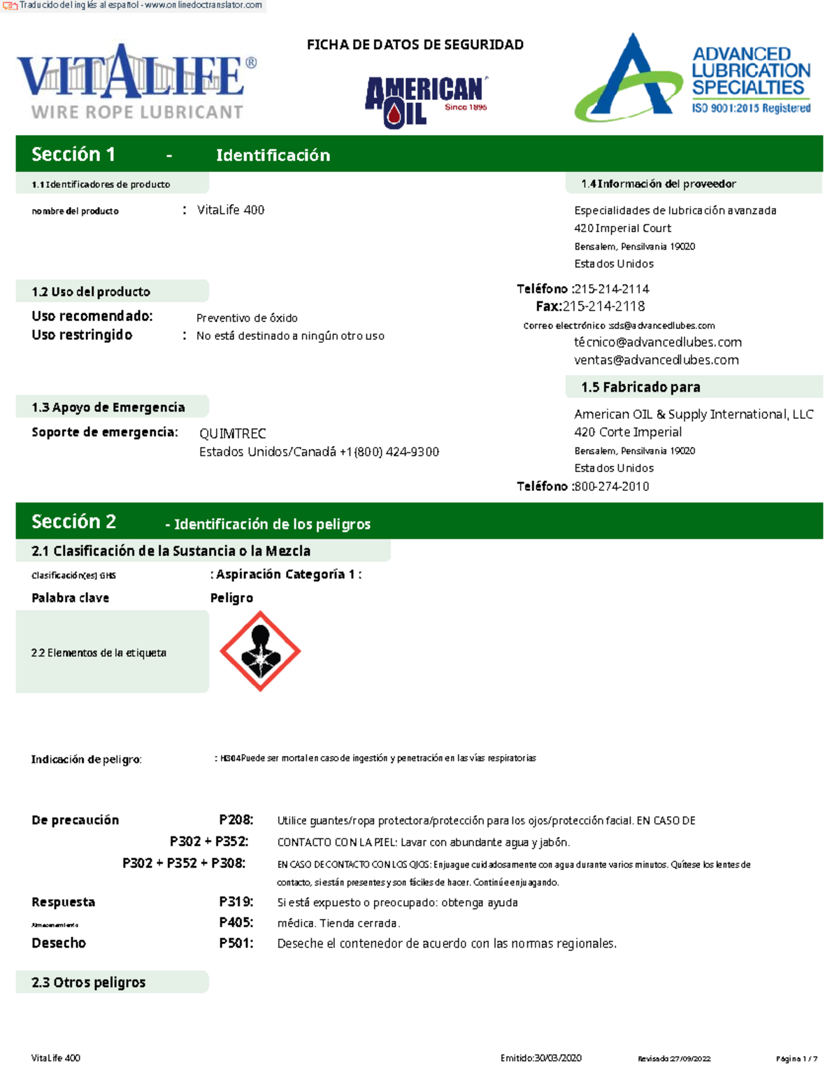 FICHA DE DATOS DE SEGURIDAD: Vita Life-400-SDS (09/29/2022) - Studocu