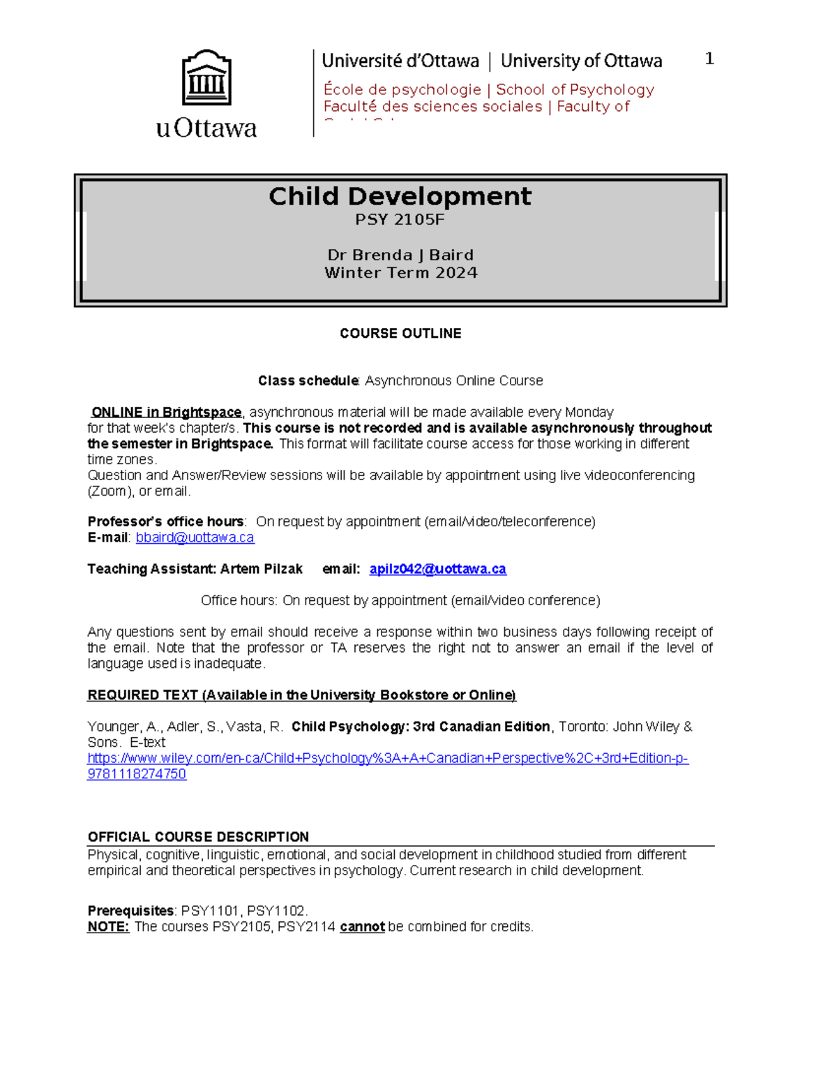 PSY 2105F Syllabus for Winter 2024 Online Child Development Class - Studocu