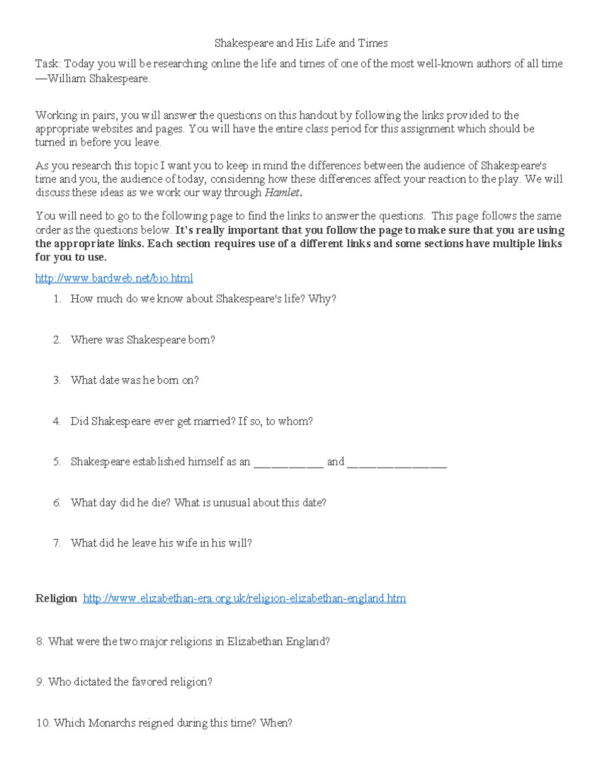 Hamlet Webquest: Exploring Shakespeare's Life & Times - Studocu
