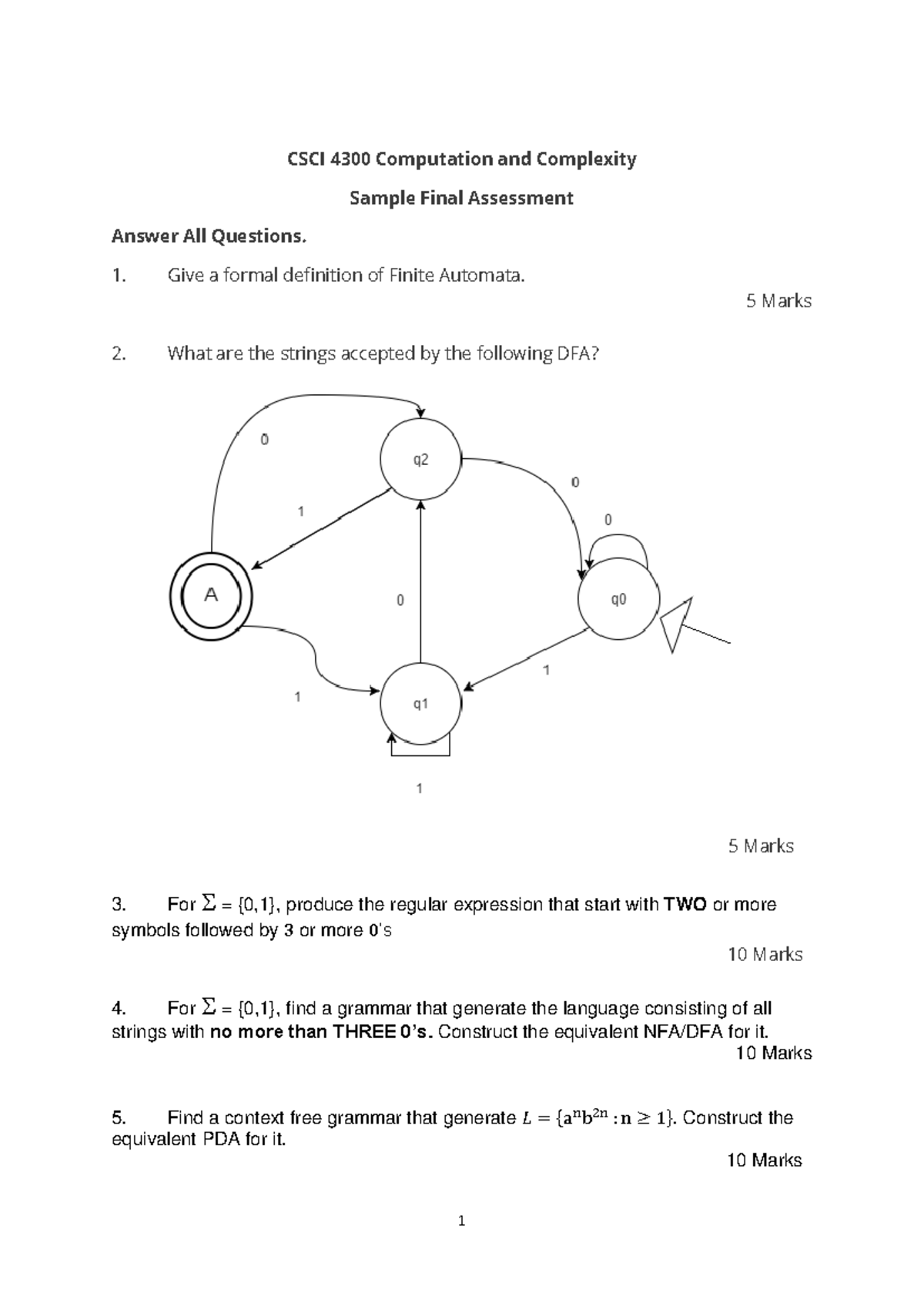 Sample Final Exam Questions for CSCI 4300 - Jan 2023 - Studocu