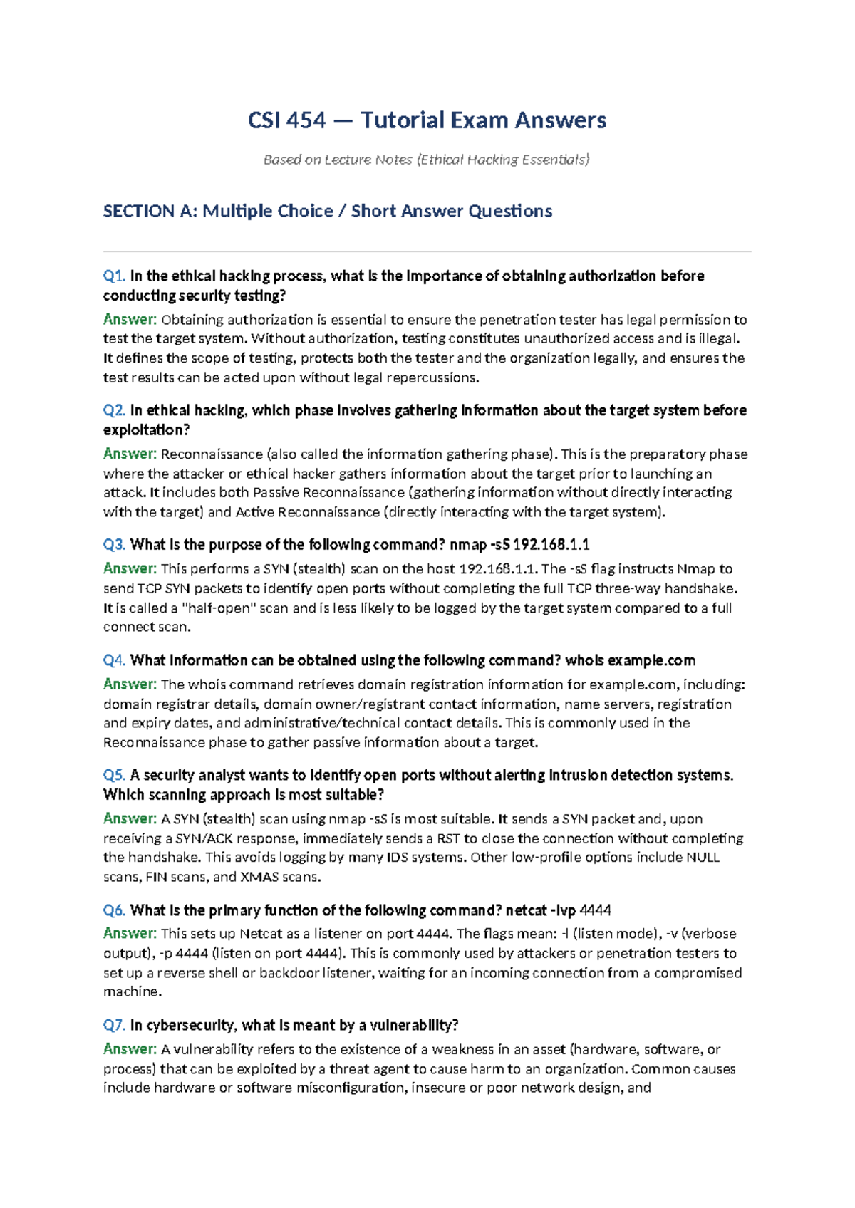 CSI 454 Tutorial Exam Answers: Ethical Hacking Essentials Review - Studocu