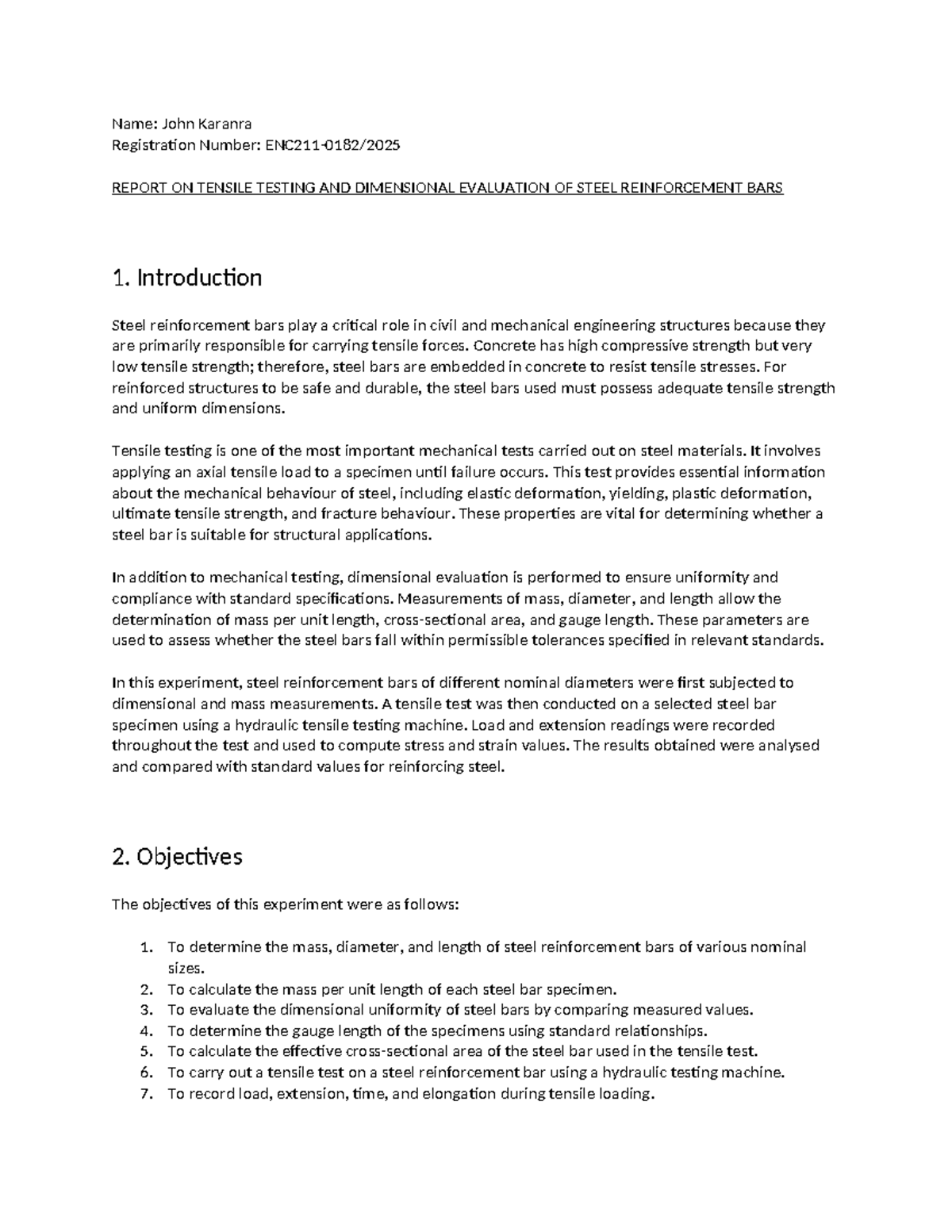 Tensile Testing & Dimensional Evaluation of Steel Bars - Report - Studocu