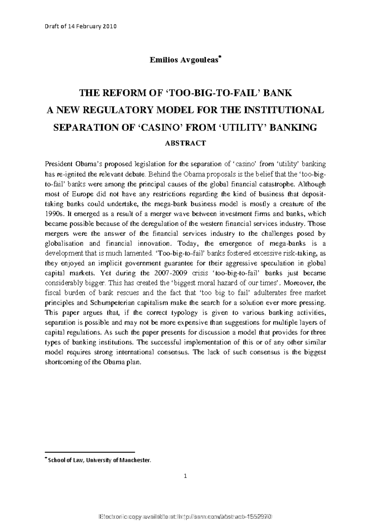 Reforming Banking: A New Regulatory Model for Institutional Separation ...