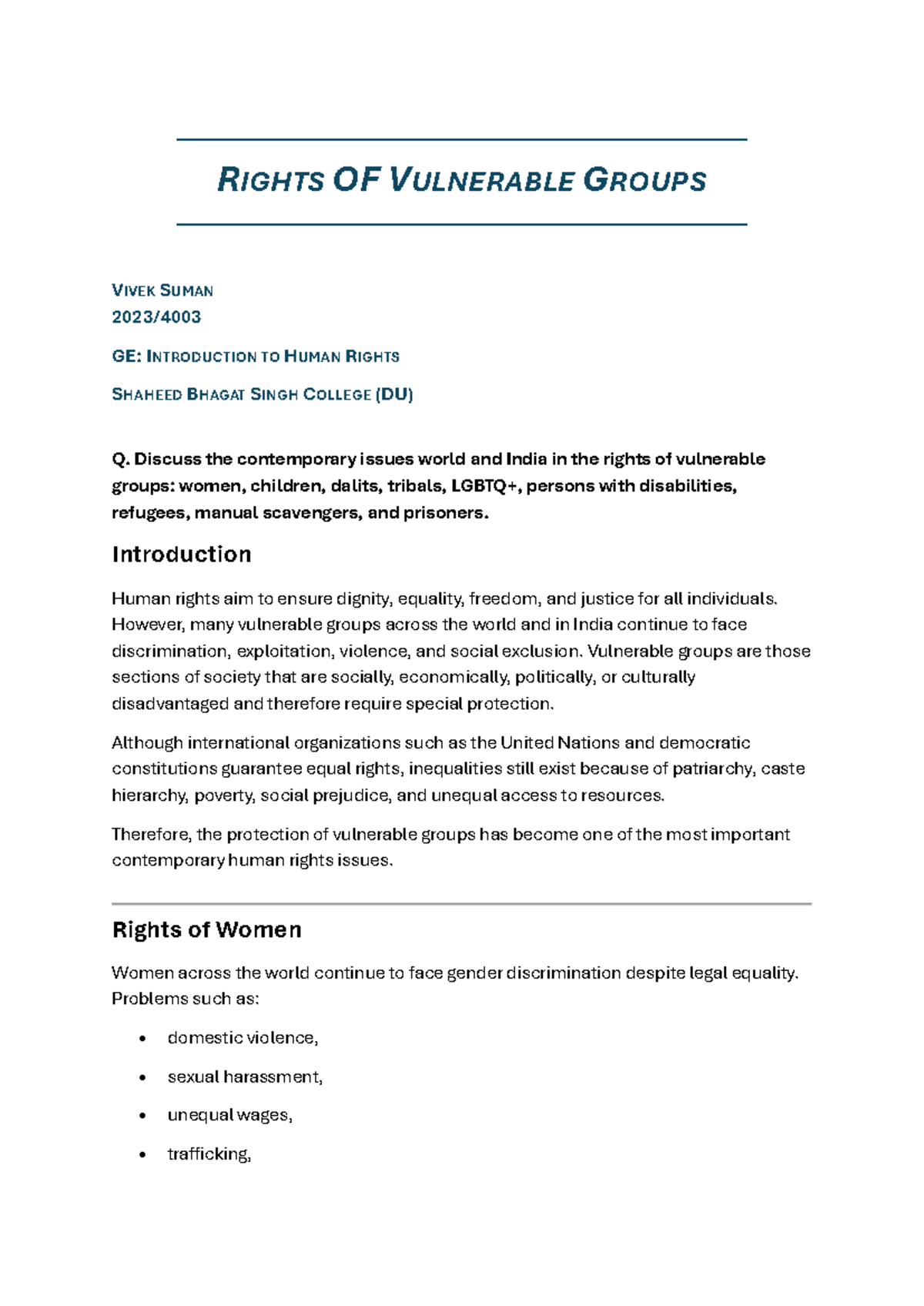 Rights of Vulnerable Groups: Contemporary Issues in India and Beyond ...