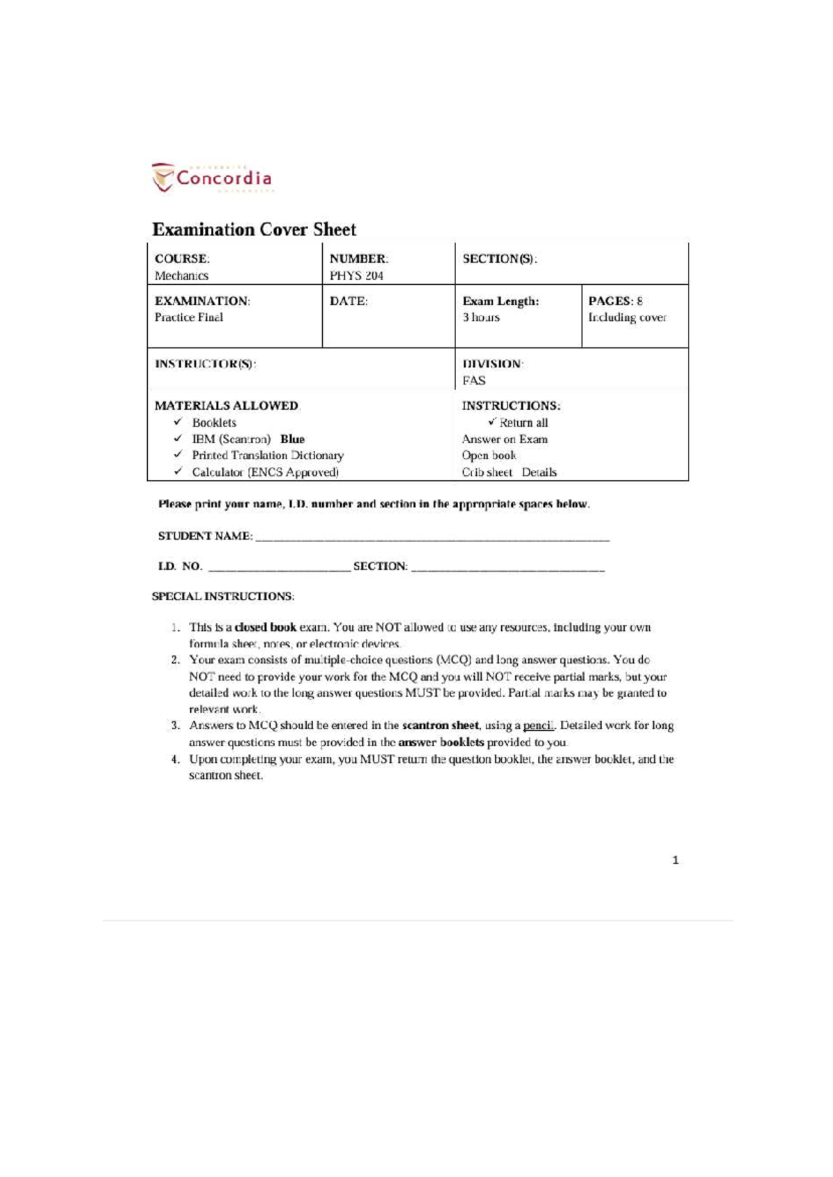 Sample Physics Final Exam Mechanics 204 - Studocu