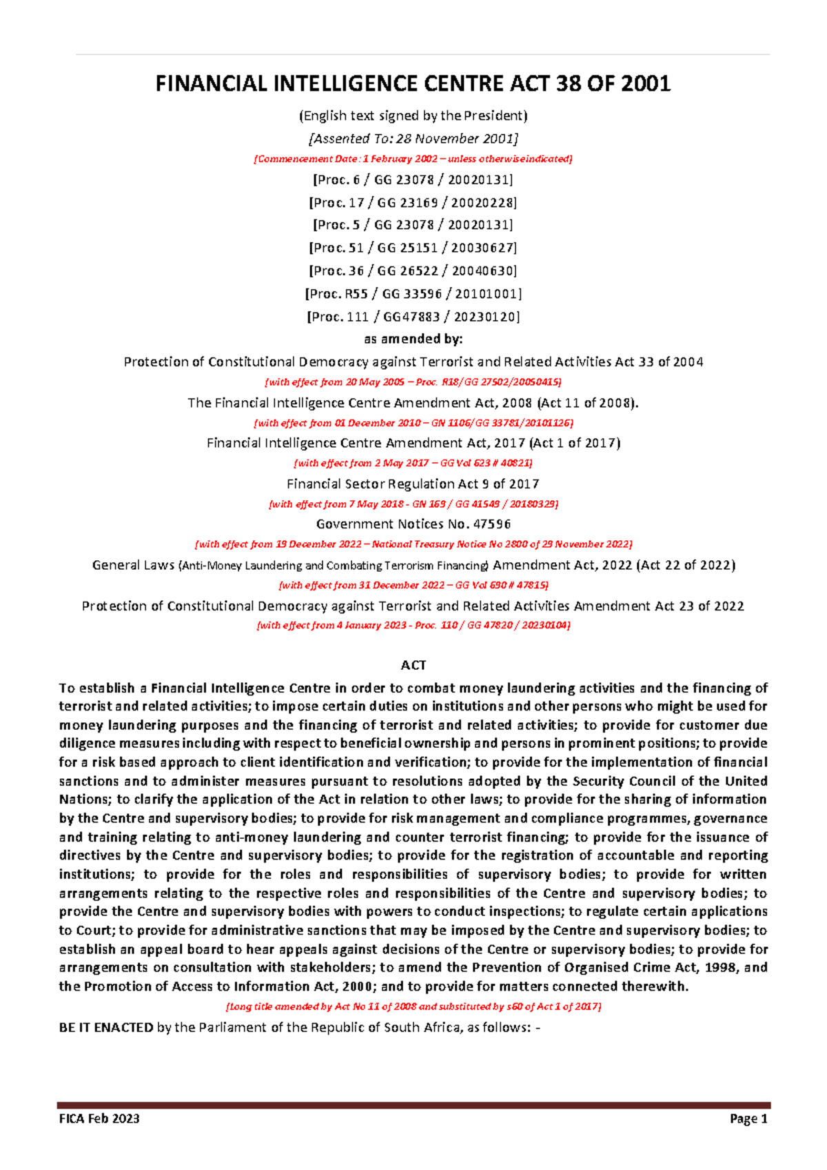 FICA Legislative Framework: Financial Intelligence Centre Act 38 of ...