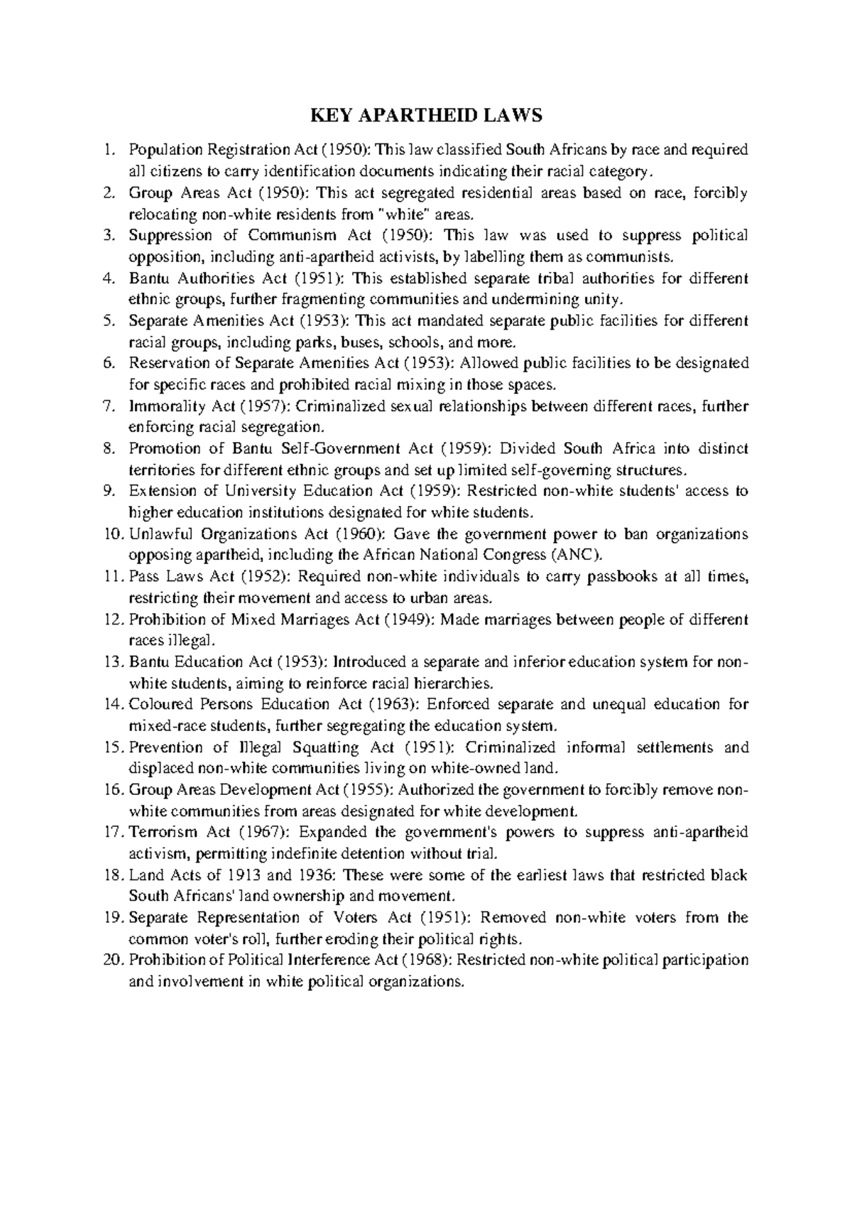 KEY Apartheid Laws: Comprehensive Overview and Q&A - Studocu