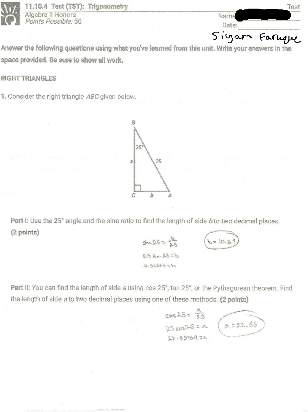 5.10.4 Trigonometry Test (TST): Algebra II Honors Exam Questions - Studocu